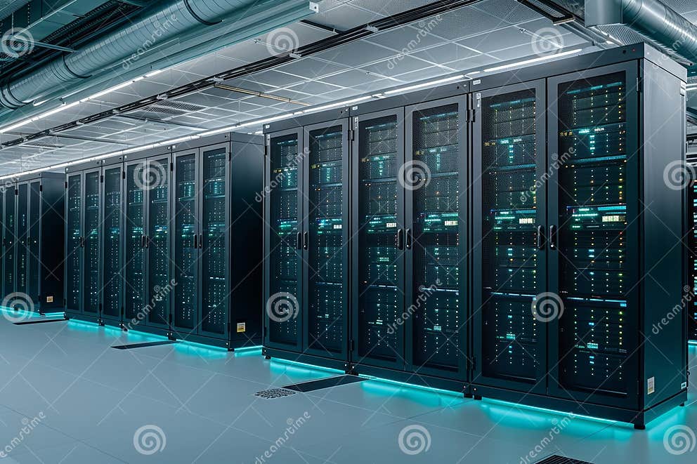 Server Room with Rows of Black Server Racks with Blinking Lights Stock ...