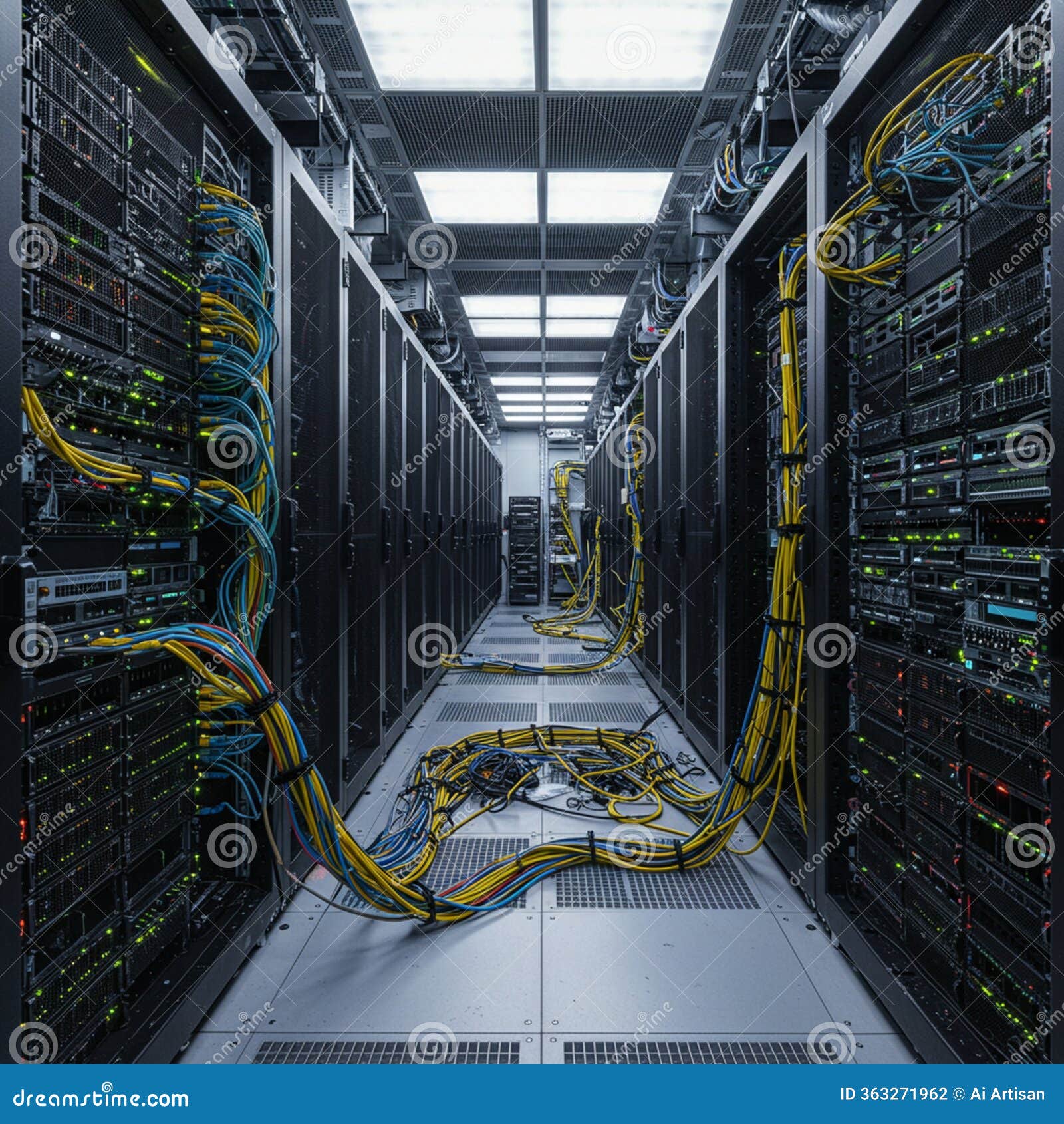 A Server Room with Rows of Black Server Racks Lined on Both Sides ...