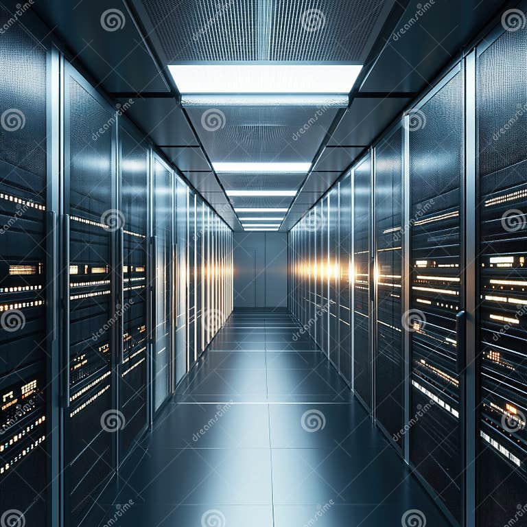 Server Room with Rows of High-density Server Racks in a Modern Data ...