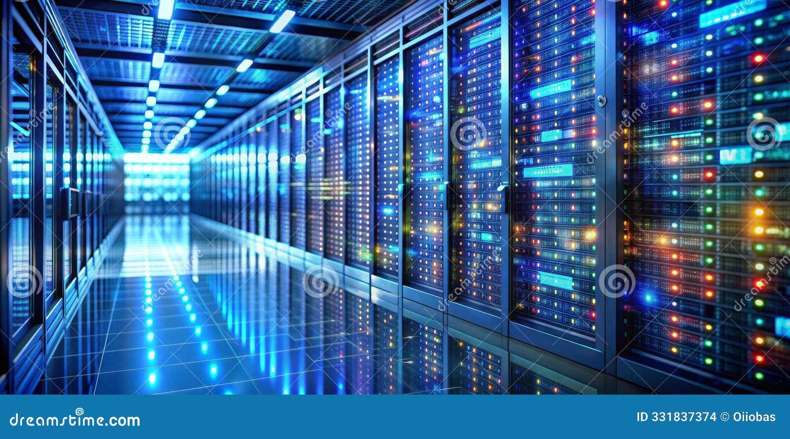 Server Room with Rows of Illuminated Racks, 3D Illustration, Technology ...