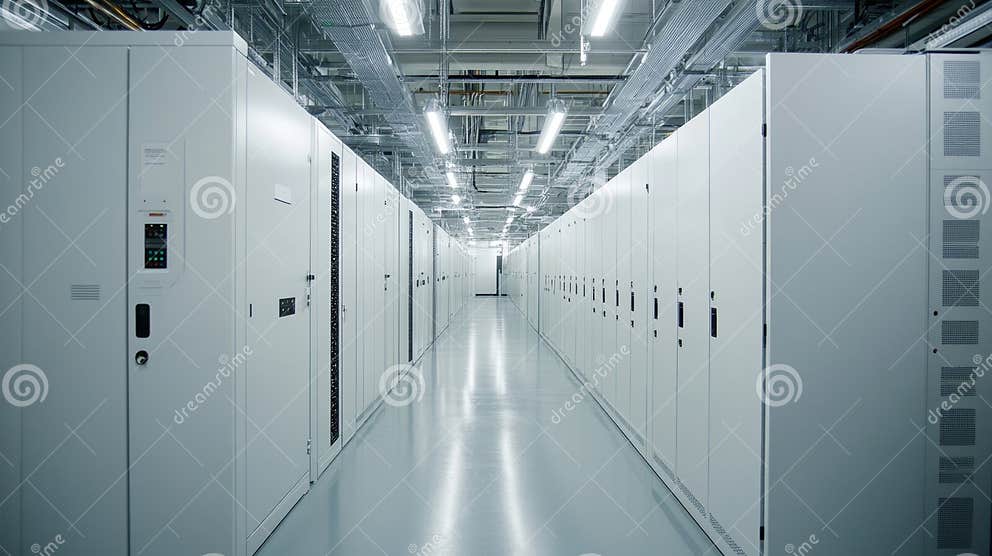 Server Room with Rows of Server Racks, Network Hardware, and Data ...