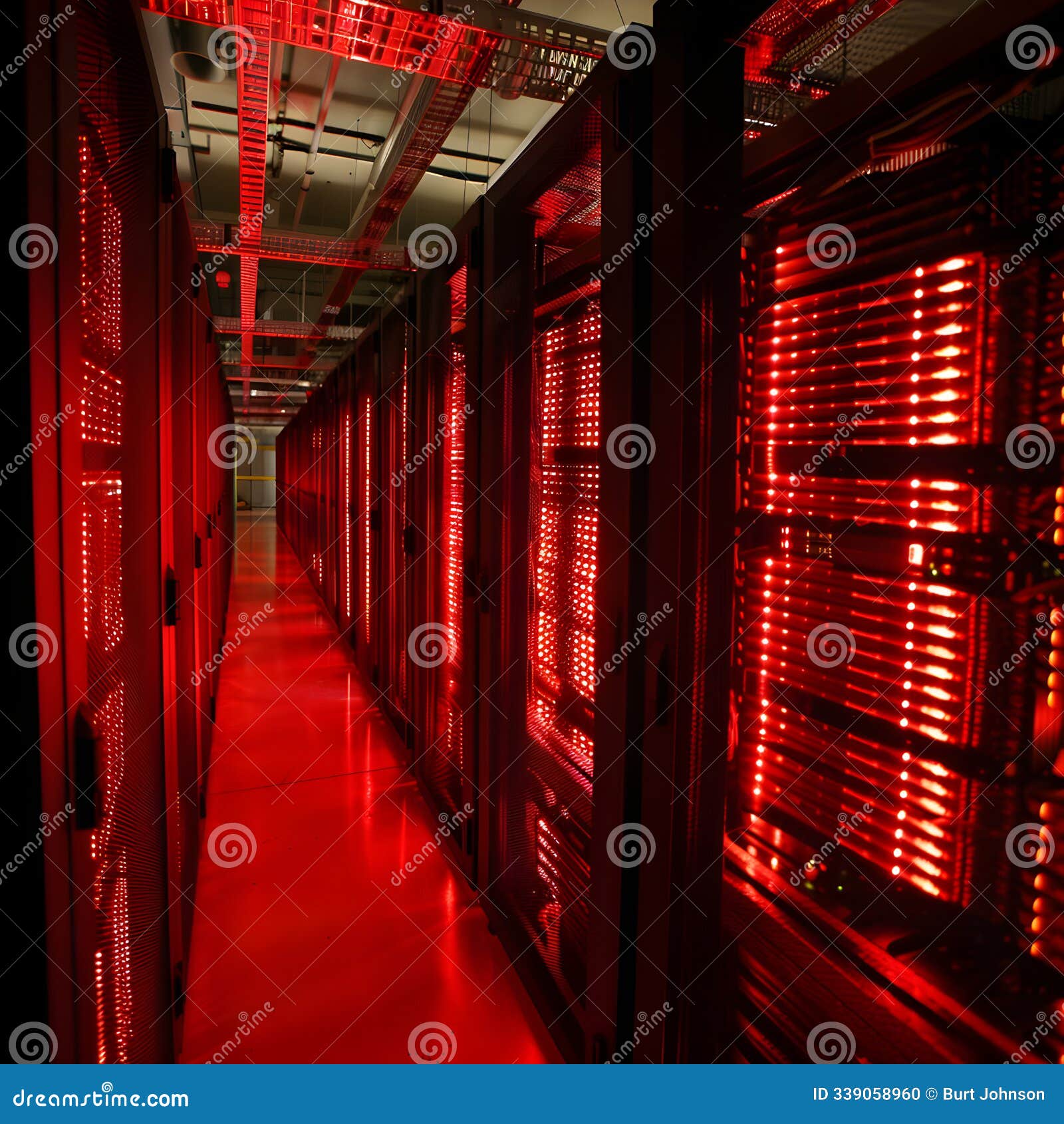 Server Room with Rows of Server Racks Lit with Red Lights Stock ...