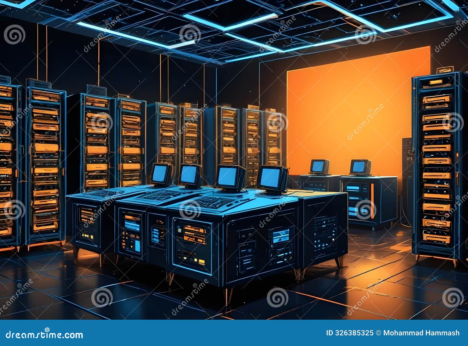 A Server Room with Rows of Servers and Computer Workstations. the Image ...