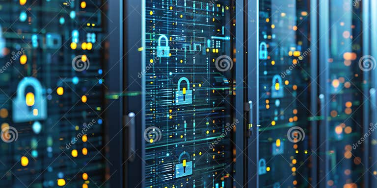 A Server Room with Rows of Servers, Overlaid with Digital Locks Stock ...