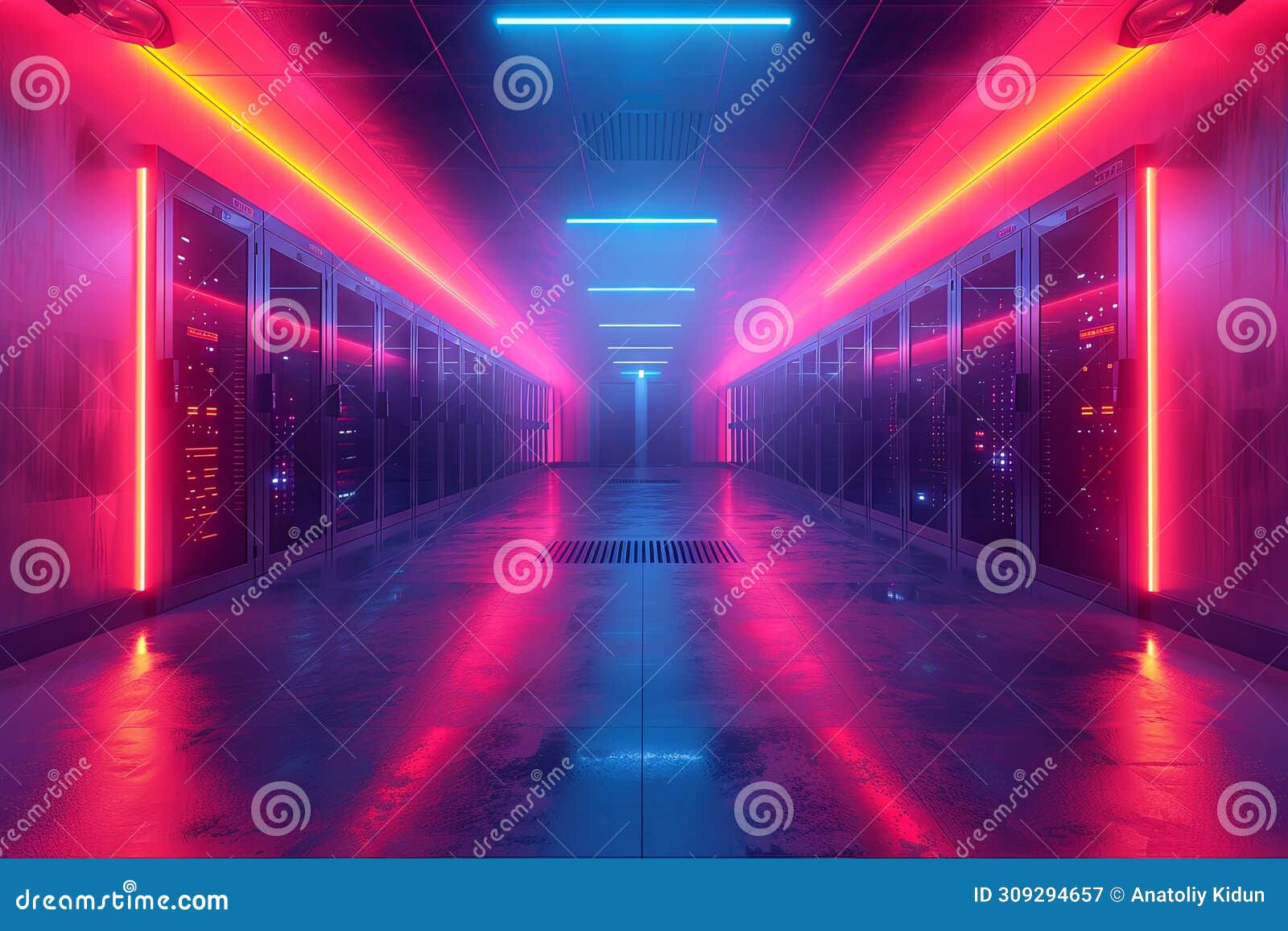A Server Room with Server Racks in the Dark, in the Style of Light ...