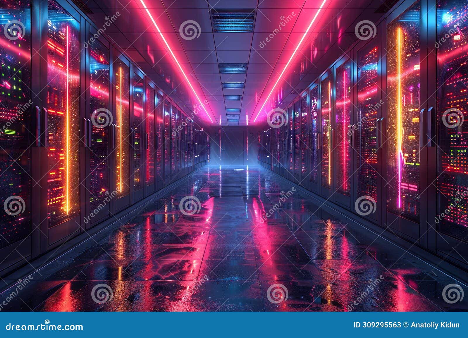 A Server Room with Server Racks in the Dark, in the Style of Light ...