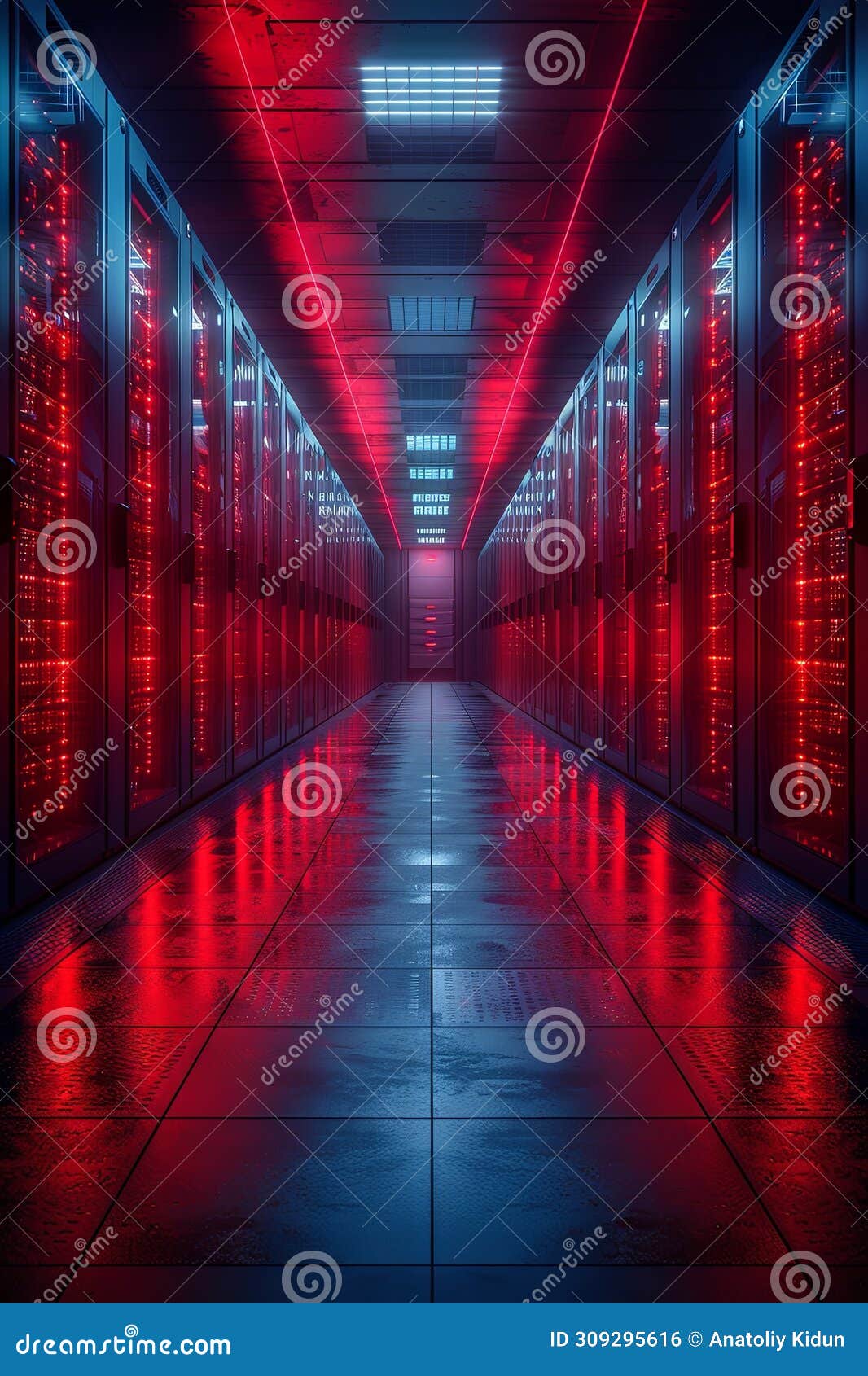 A Server Room with Server Racks in the Dark, in the Style of Light ...