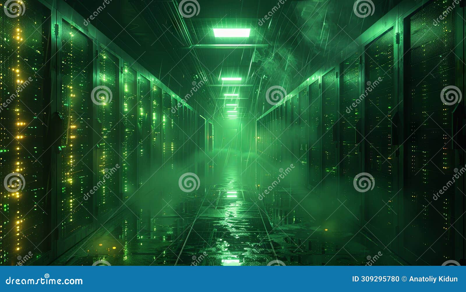A Server Room with Server Racks in the Dark, in the Style of Light ...