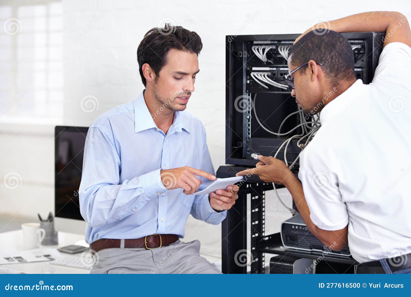 Server Room, it Support and Instructions with a Man Technician Talking ...