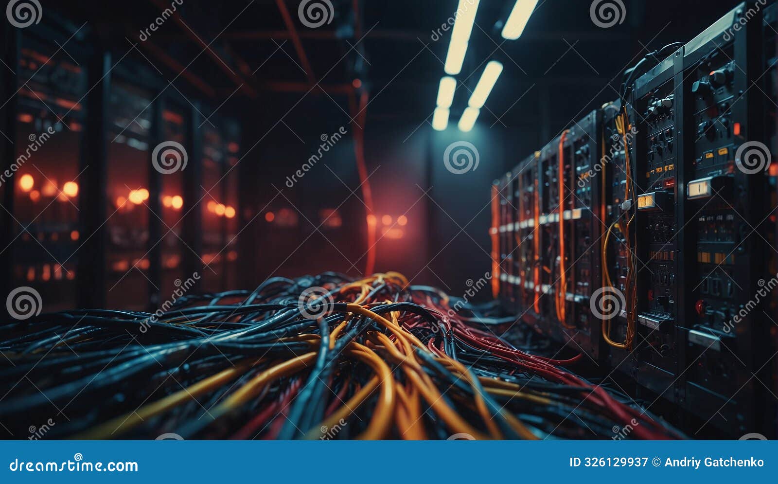Server Room with Tangled Network Cables and Racks of Computer Hardware ...