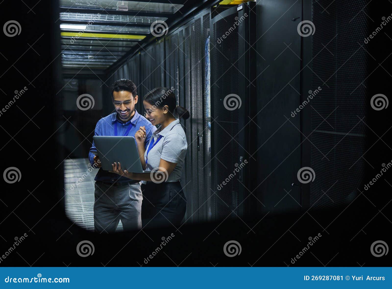 Server Room, Technician People and Laptop for Software Management ...