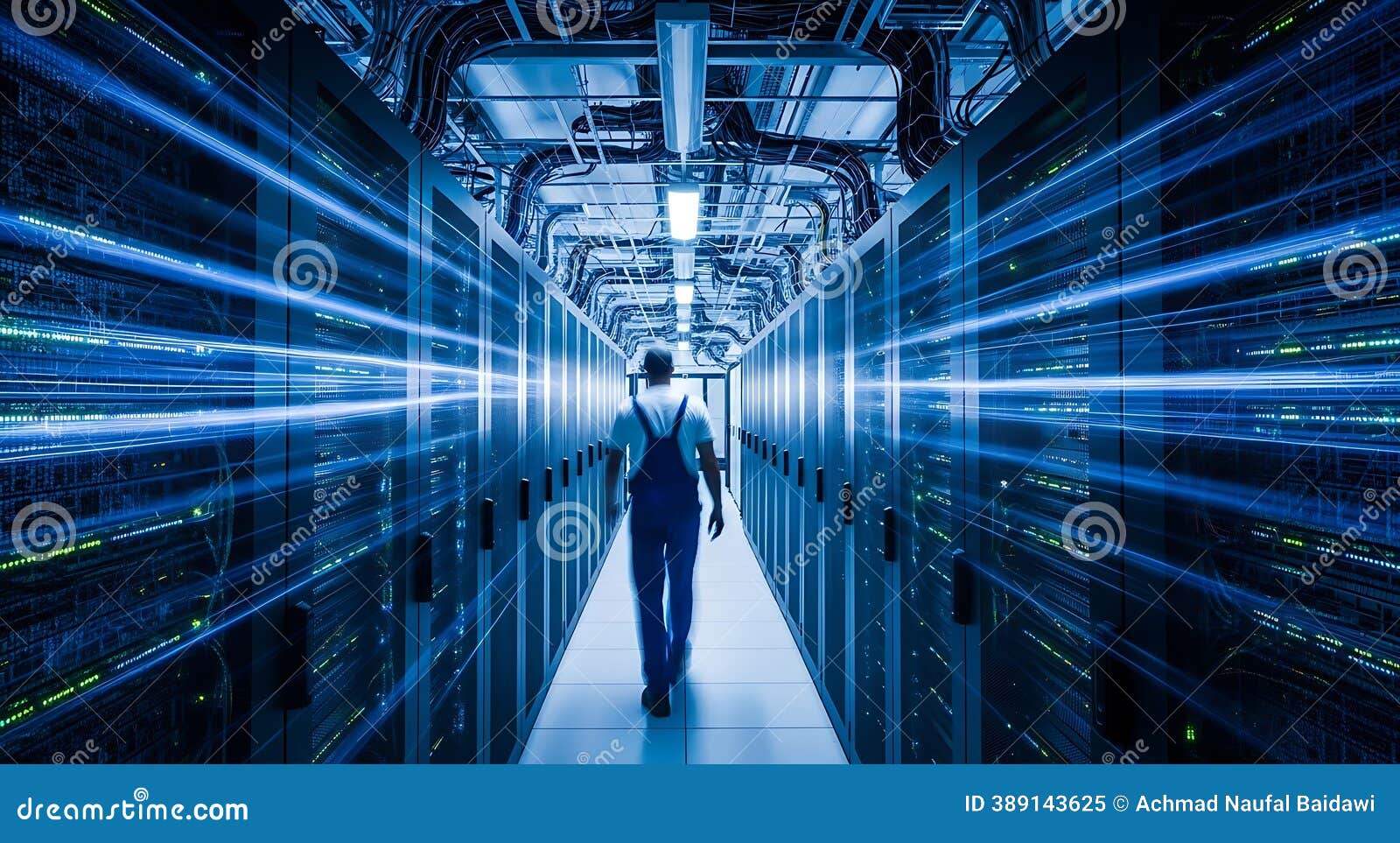 Technician In Data Center Server Room With Blue Lighting Monitoring ...