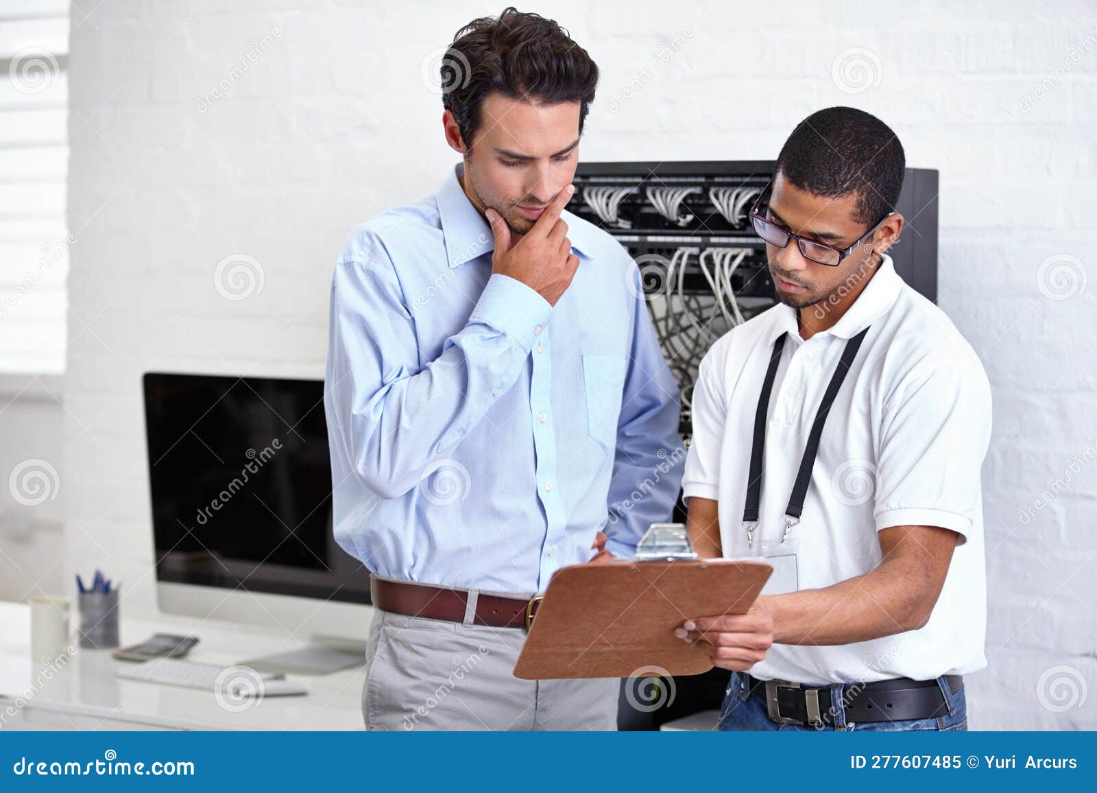 Server Room, Thinking and Clipboard with an Engineer Explaining a ...