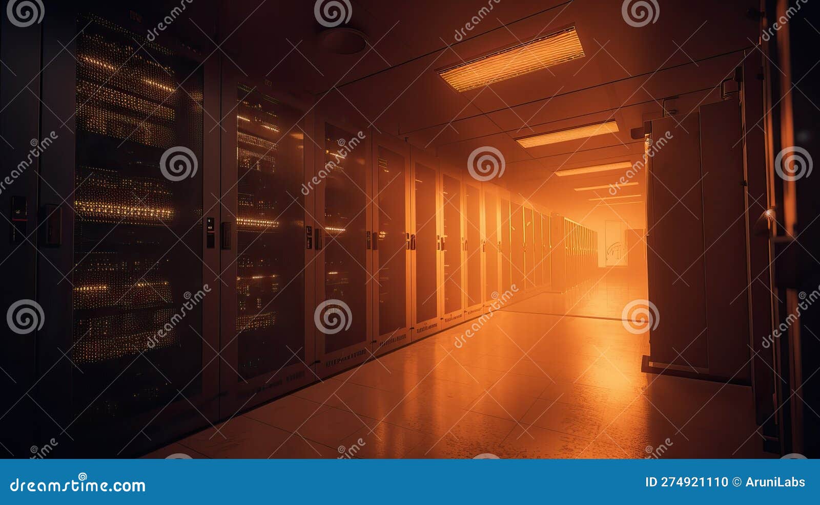 Server Room Warm Orange Glow Emergency Lighting High Tech Facility ...