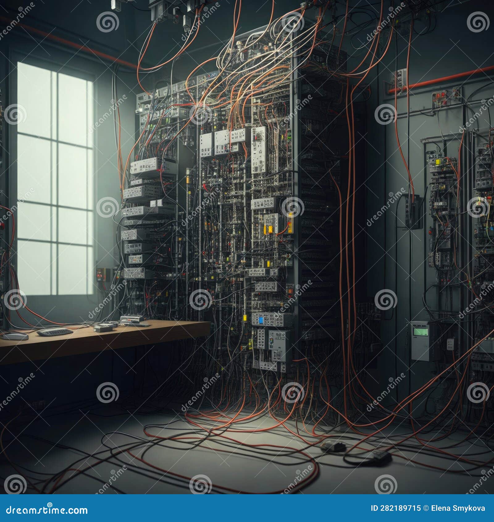 A Server Room in Which There are Many Cables, Wires and a Central ...
