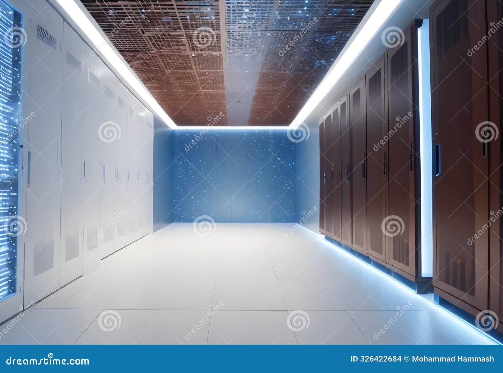 A Server Room with White and Brown Cabinets, a Blue-lit Ceiling, and a ...