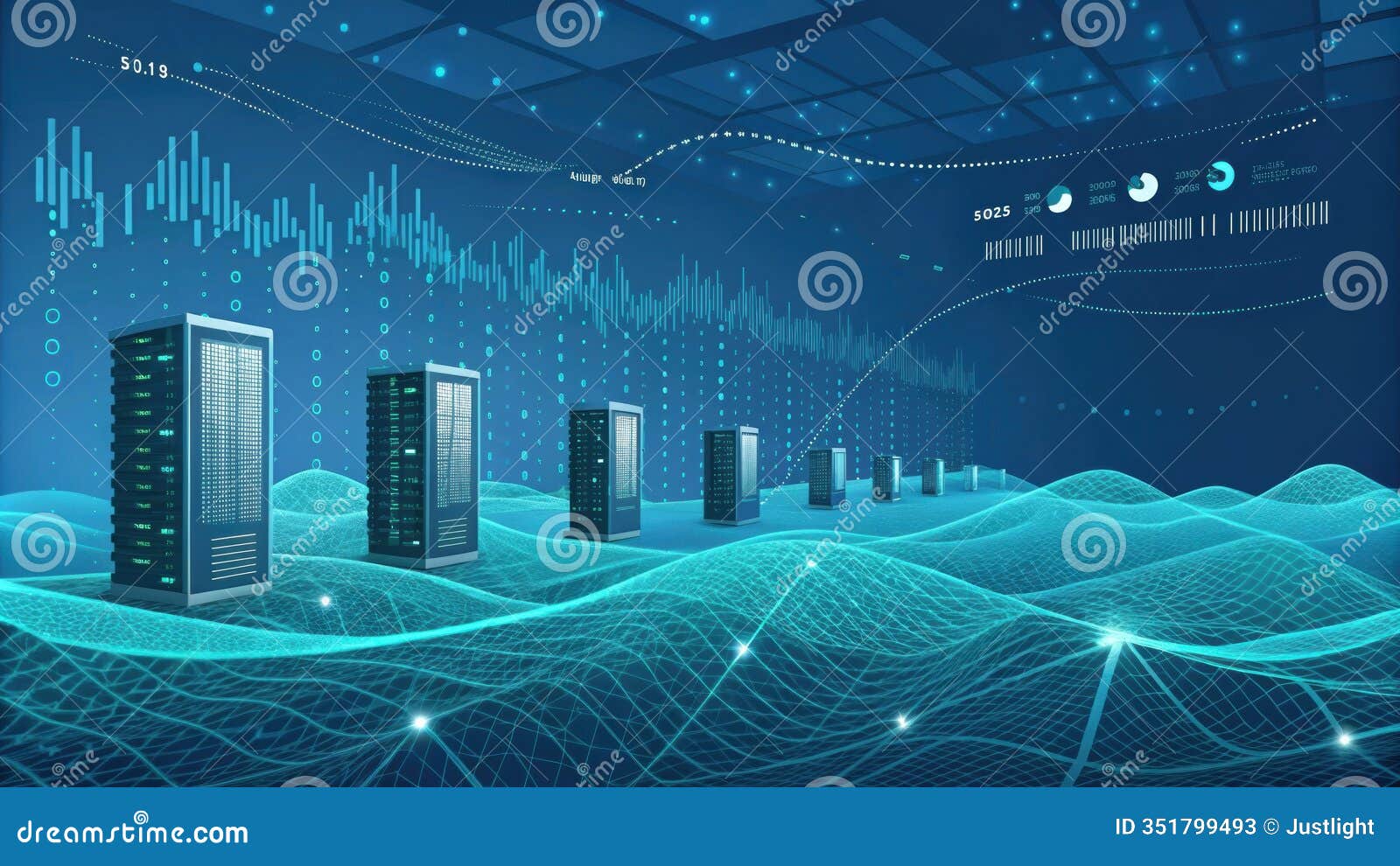 Server Towers Standing on Digital Landscape Representing Data Flowing ...