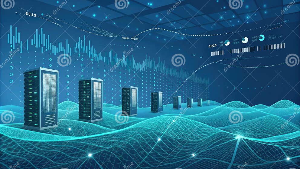 Server Towers Standing on Digital Landscape Representing Data Flowing ...