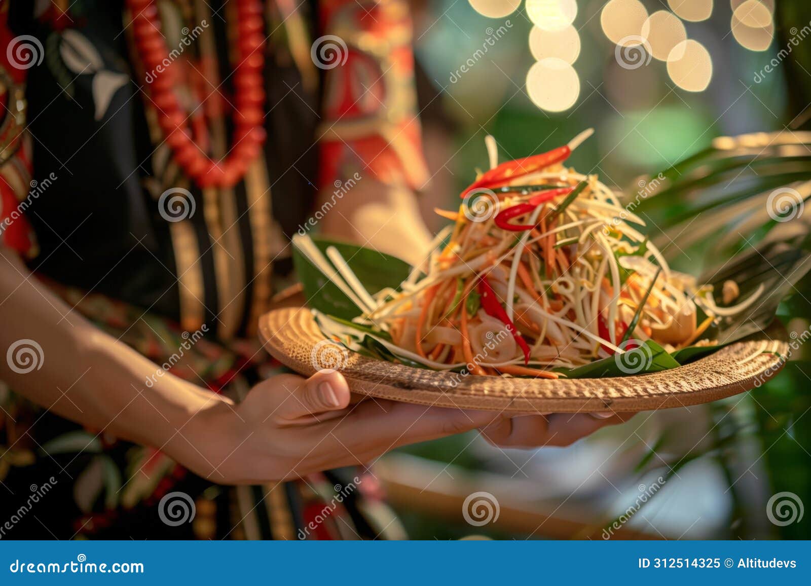 Server in Traditional Attire Presenting a Thai Papaya Salad Stock Image ...