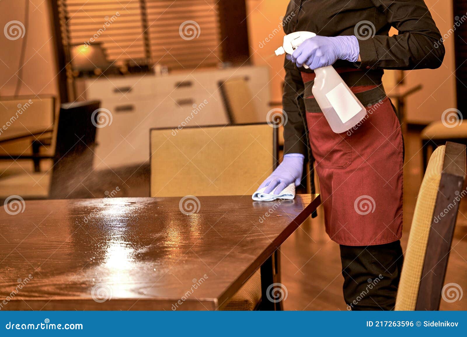 Server in Working Uniform Cleaning Table with Detergent Stock Photo ...
