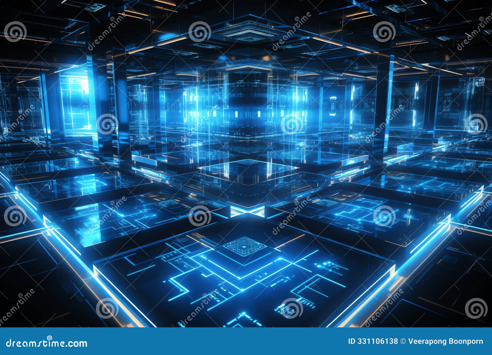 Servers with Blue Light in Cyber Security Scene, Data Boxes Highlighted ...