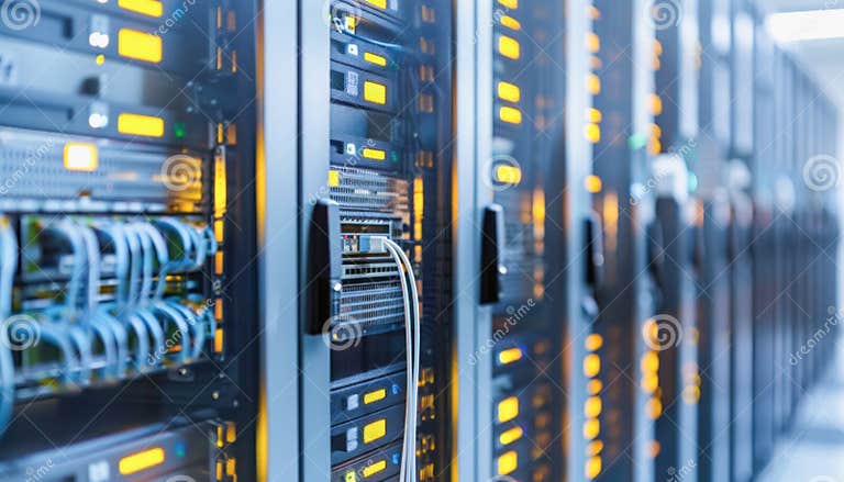 Servers in a Data Center with Many Wires, Displaying Complex Computer ...