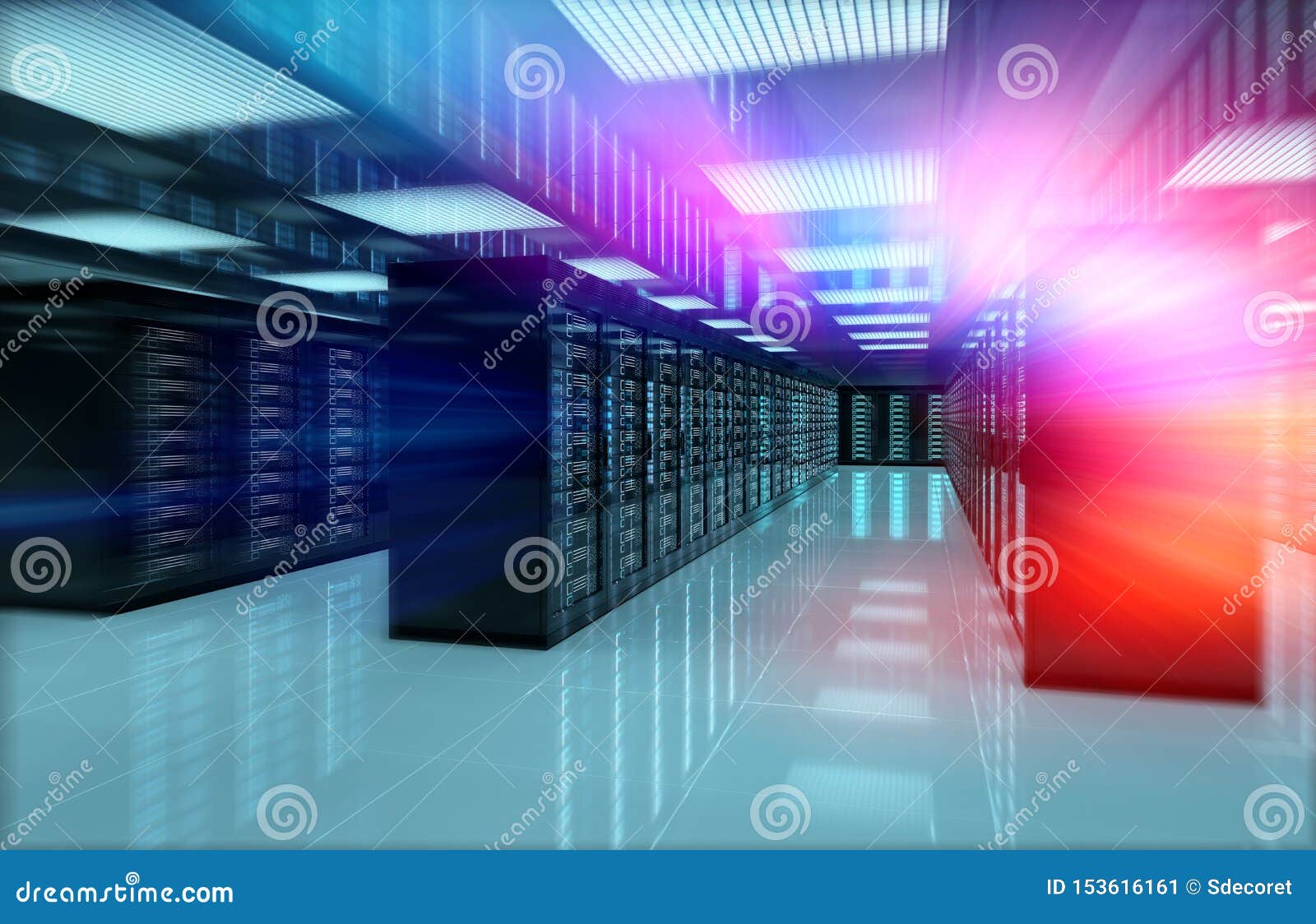 Servers Data Center Room with Bright Speed Light through the Corridor ...
