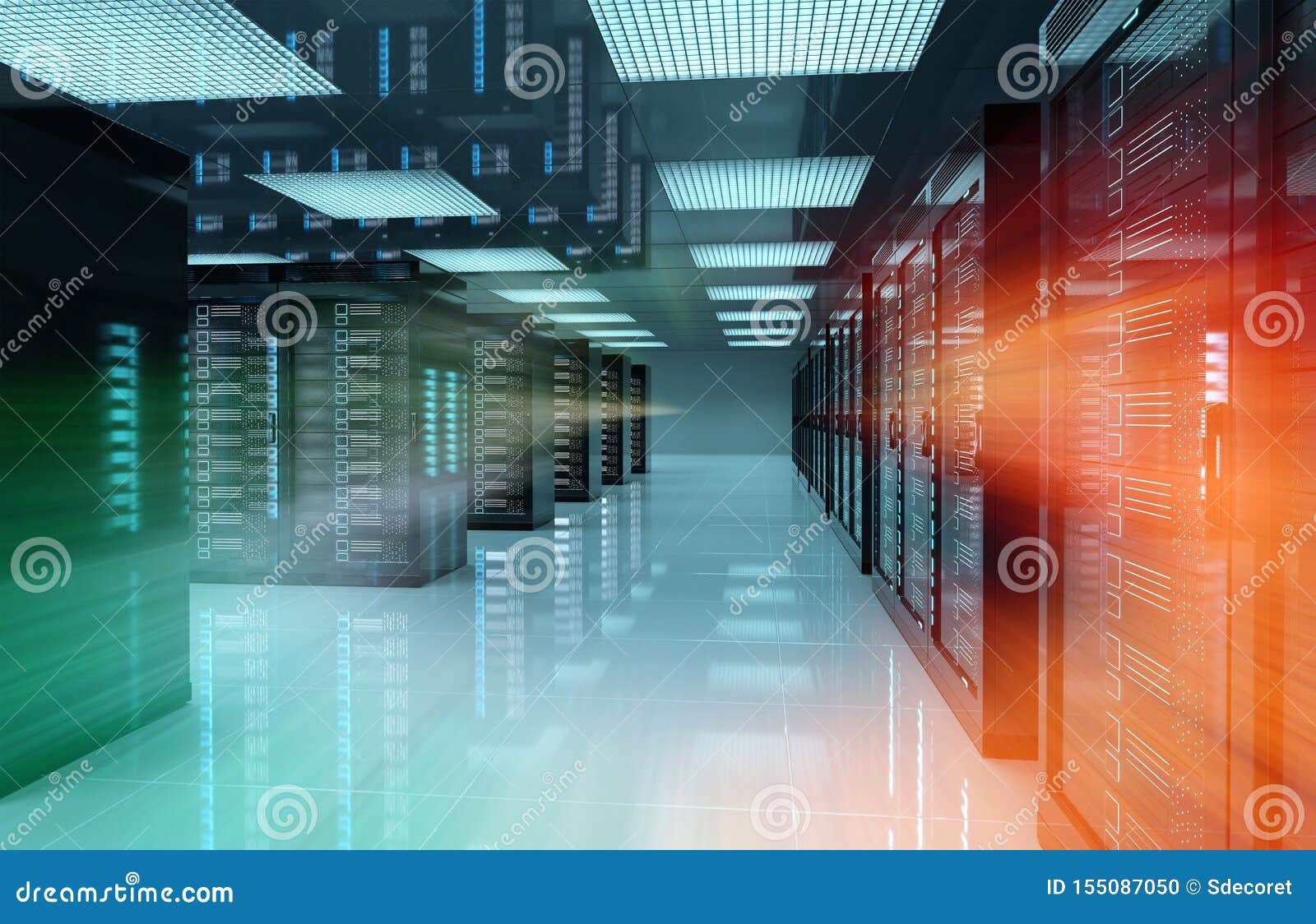Servers Data Center Room with Bright Speed Light through the Corridor ...
