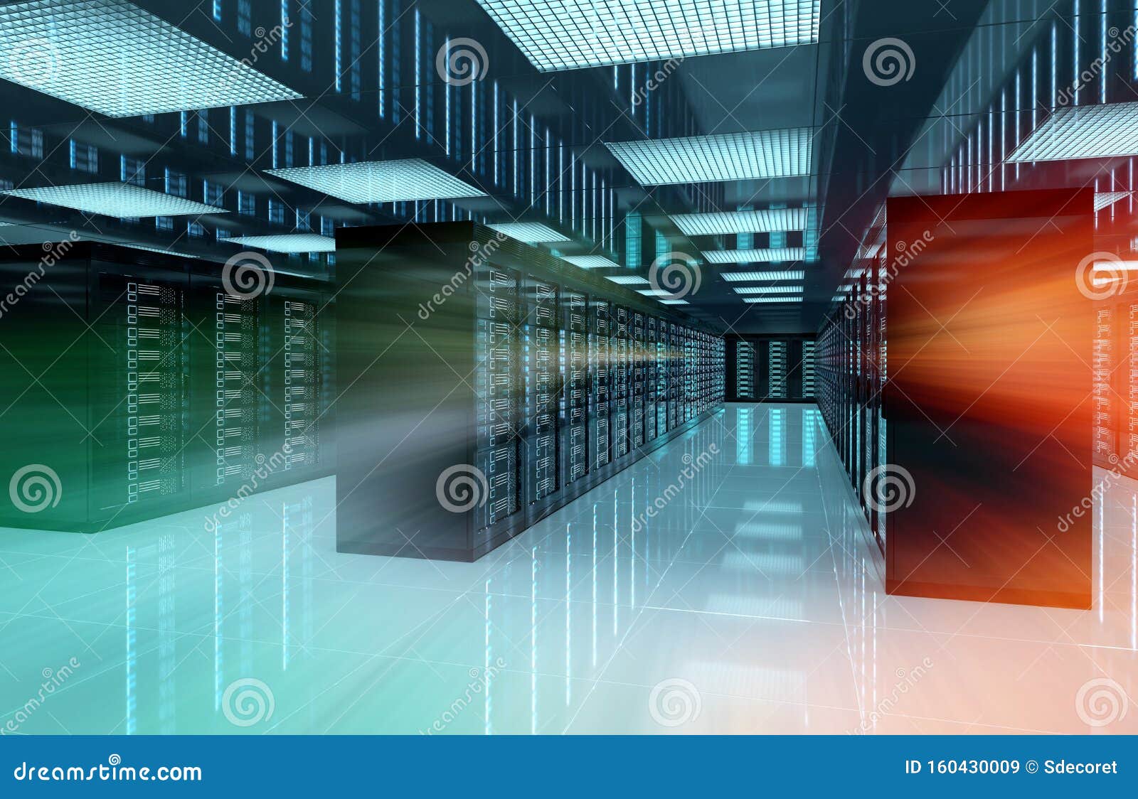 Servers Data Center Room with Bright Speed Light through the Corridor ...