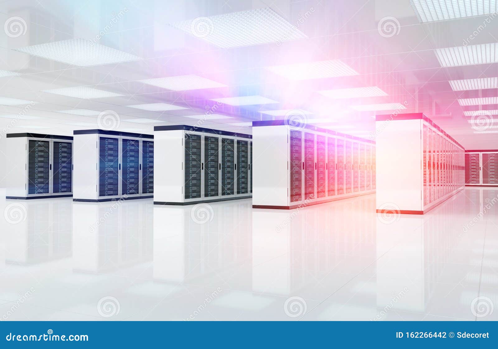 Servers Data Center Room with Bright Speed Light through the Corridor 3D Rendering Stock ...