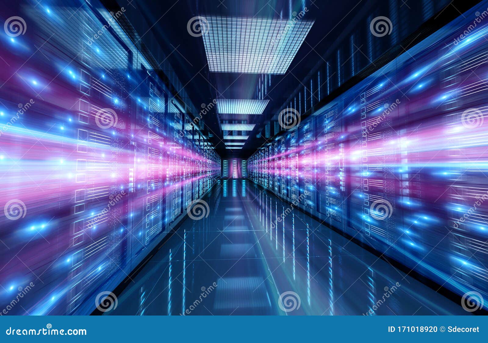 Servers Data Center Room with Bright Speed Light through the Corridor ...