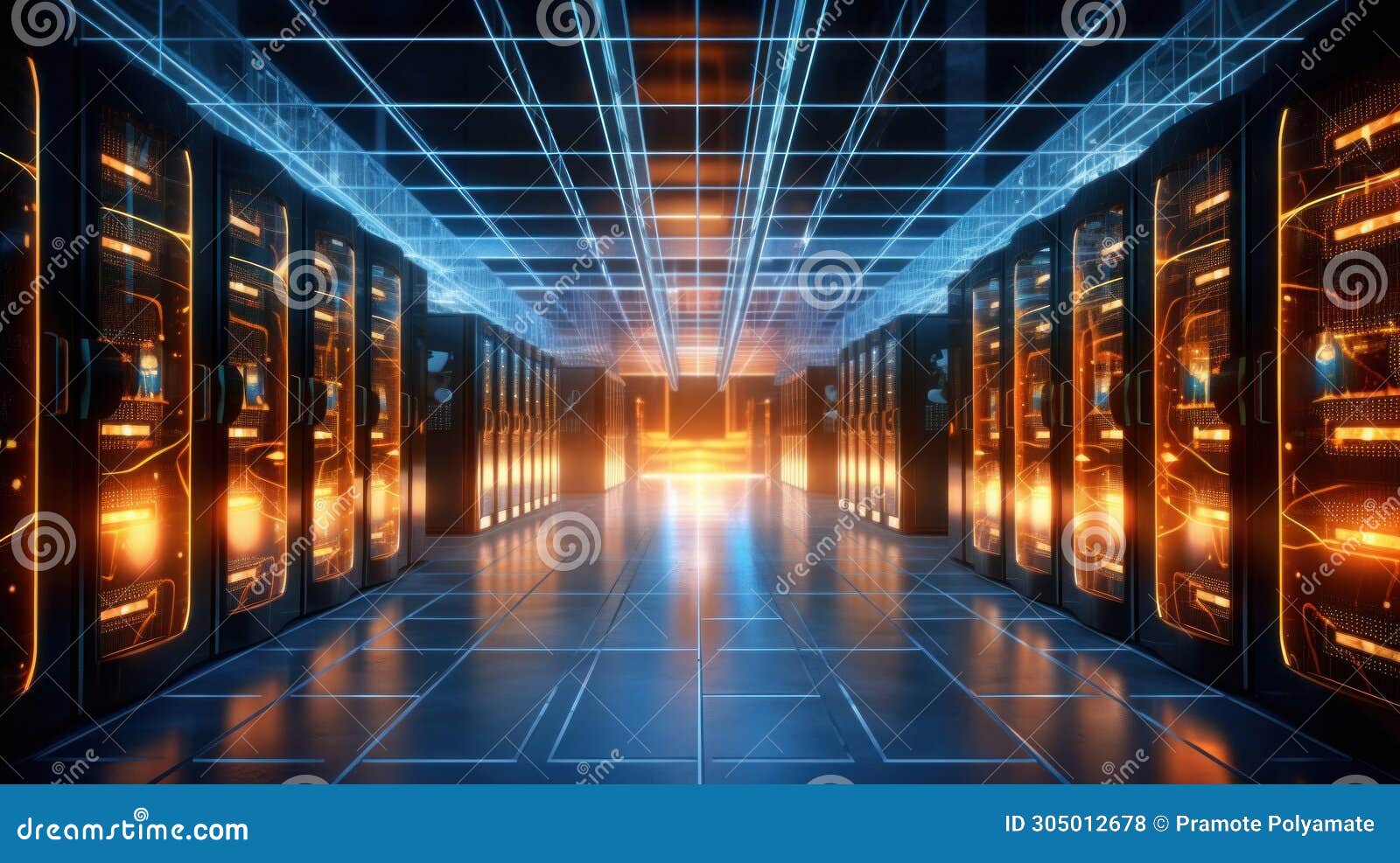 Servers Data Center Room with Computers and Storage Systems and Glowing ...