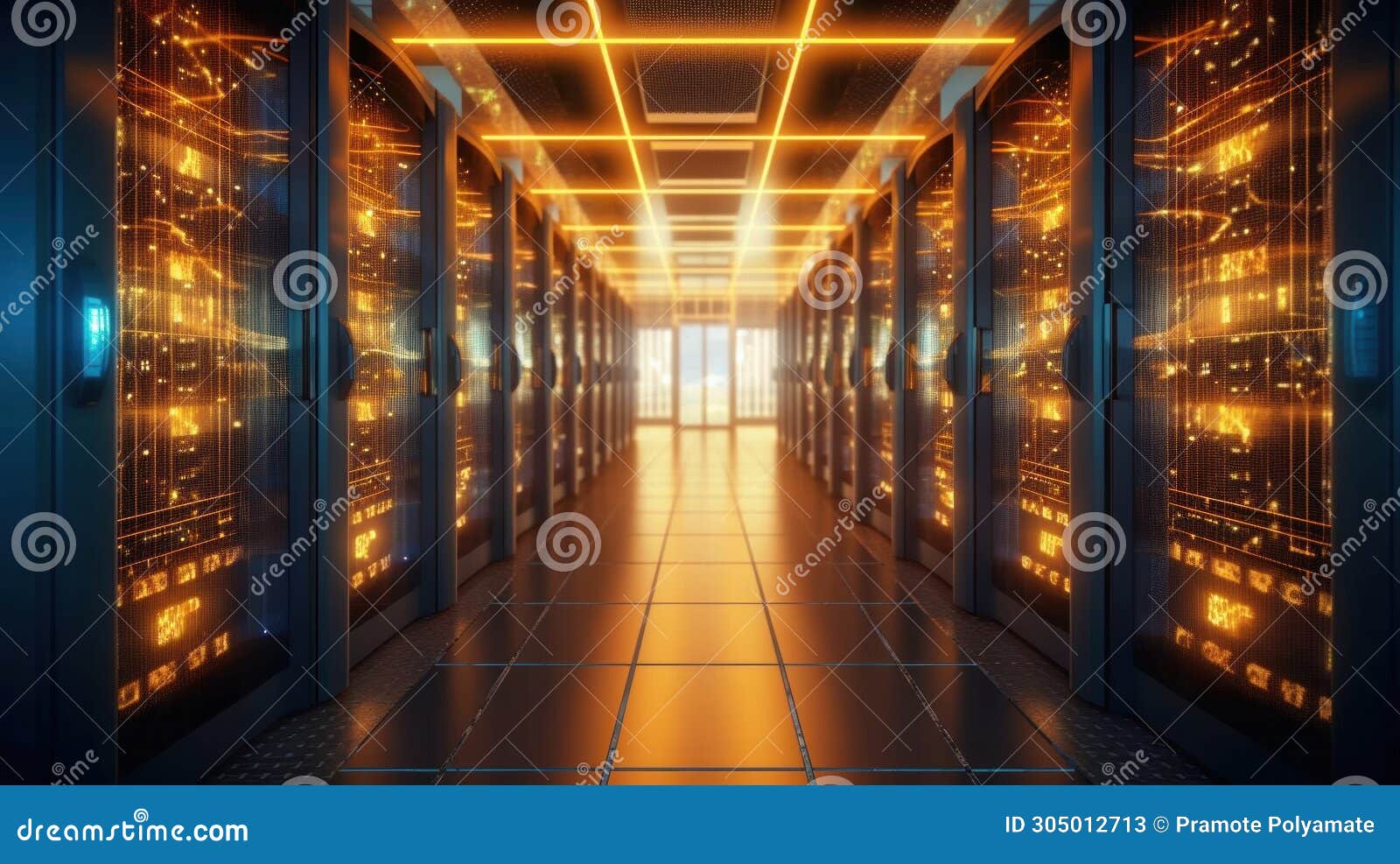 Servers Data Center Room with Computers and Storage Systems and Glowing ...