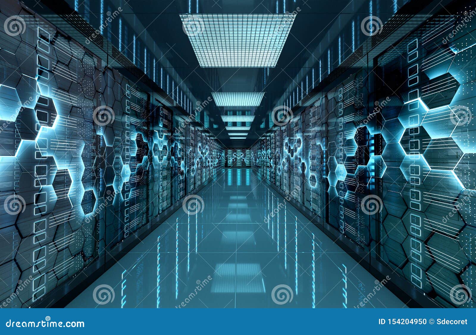 Servers Data Center Room with Computers Storage Systems and Hexagonal ...