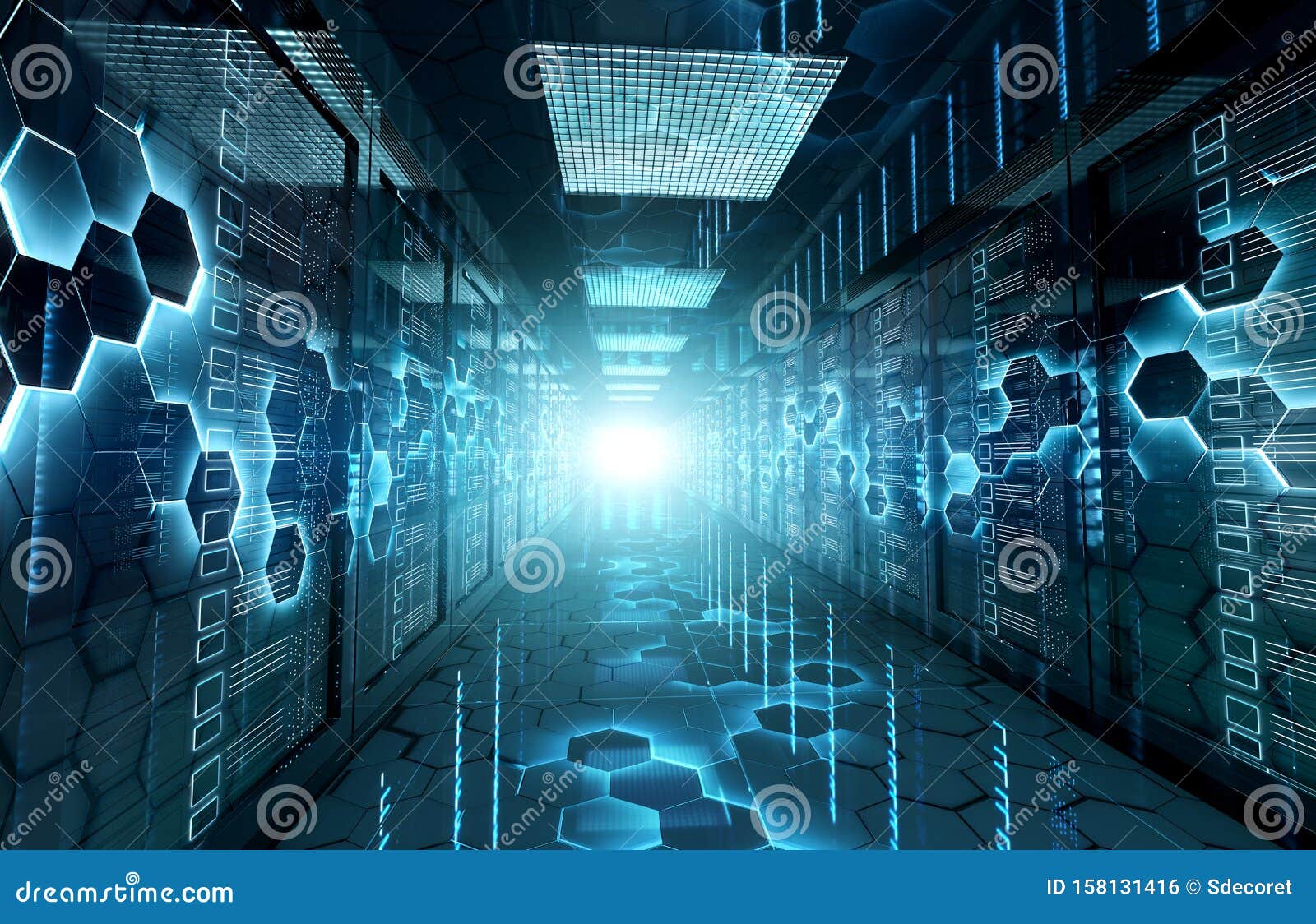 Servers Data Center Room with Computers Storage Systems and Hexagonal ...