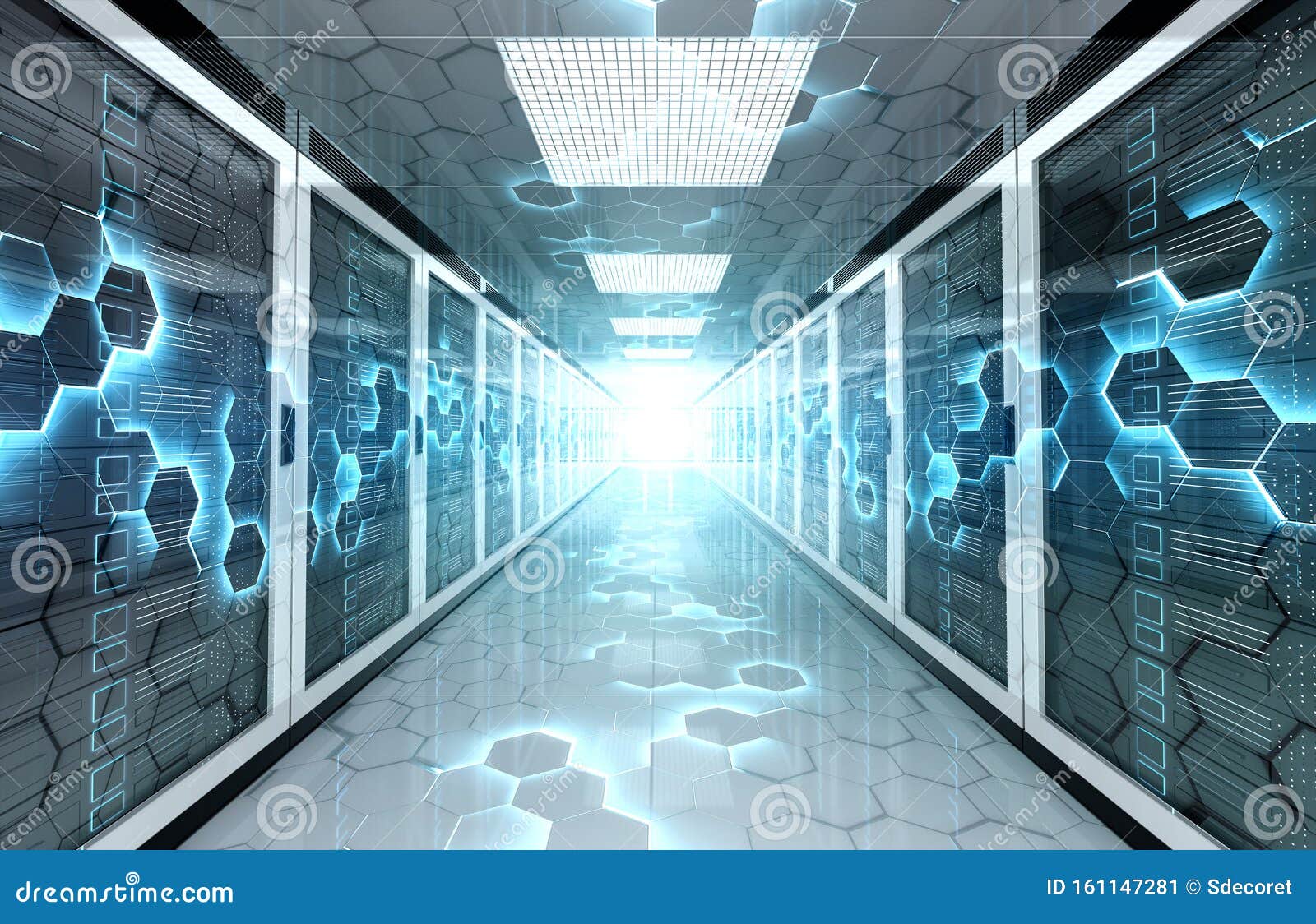 Servers Data Center Room with Computers Storage Systems and Hexagonal ...