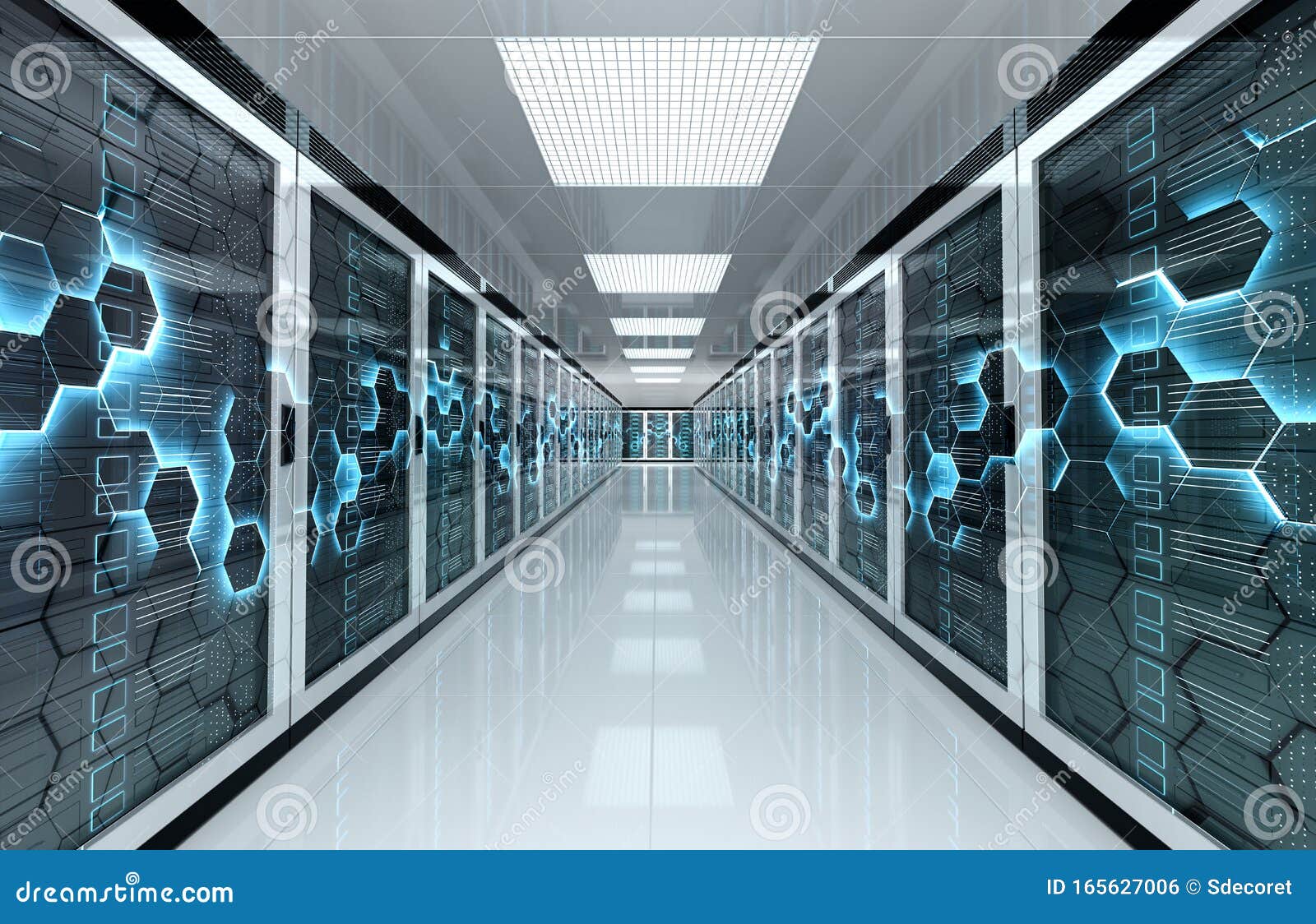 Servers Data Center Room with Computers Storage Systems and Hexagonal ...