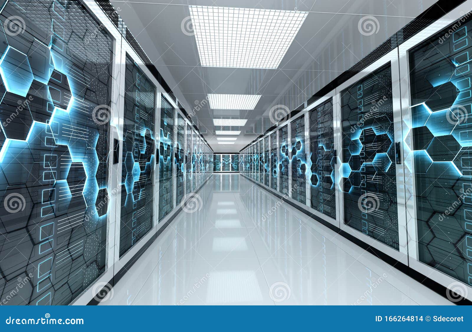 Servers Data Center Room with Computers Storage Systems and Hexagonal ...