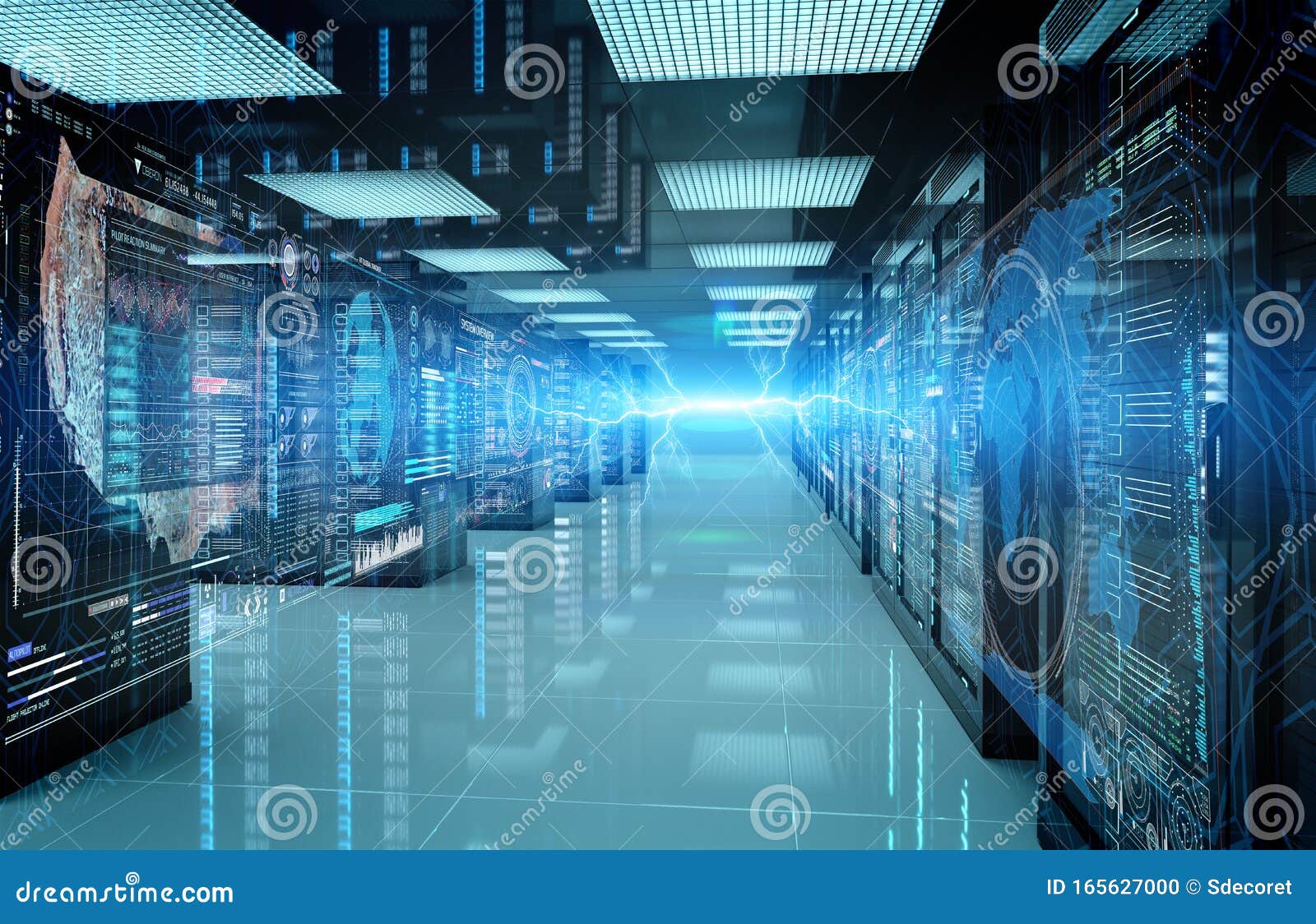 Servers Data Center Room with Storage Systems and Digital Graphs and ...