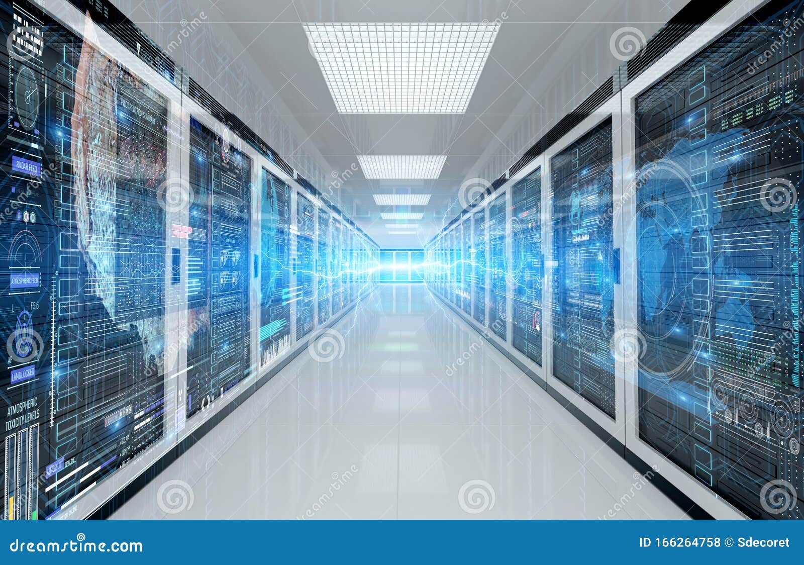 Servers Data Center Room with Storage Systems and Digital Graphs and ...