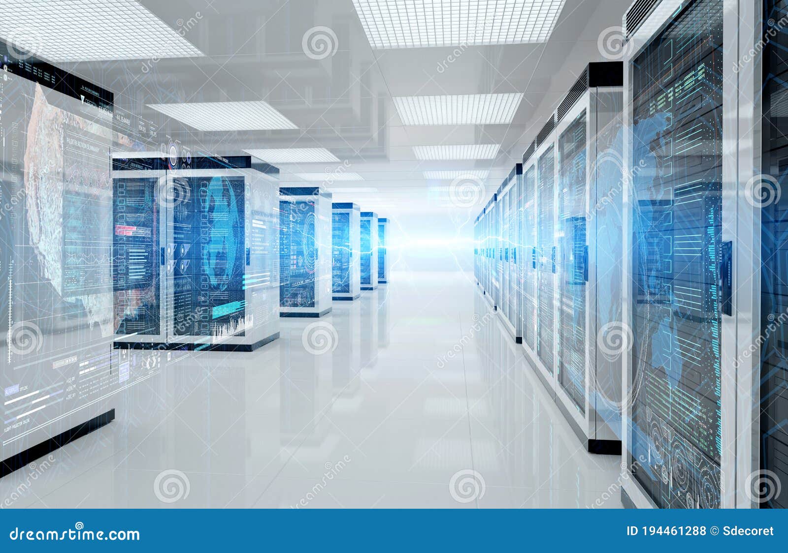 Servers Data Center Room with Storage Systems and Digital Graphs and ...
