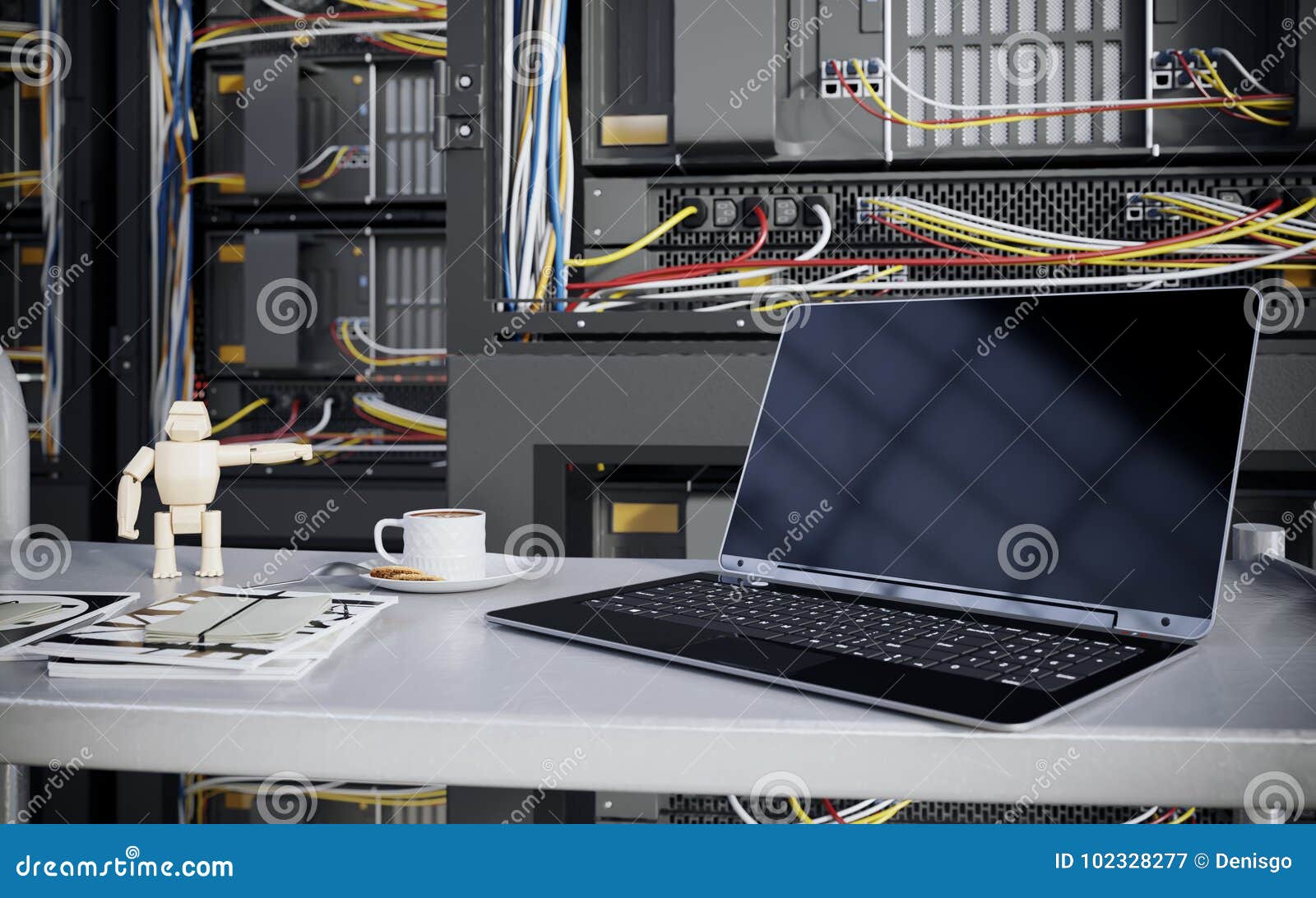 Servers and Hardware Room with Notebook and Coffee Cup Computer ...
