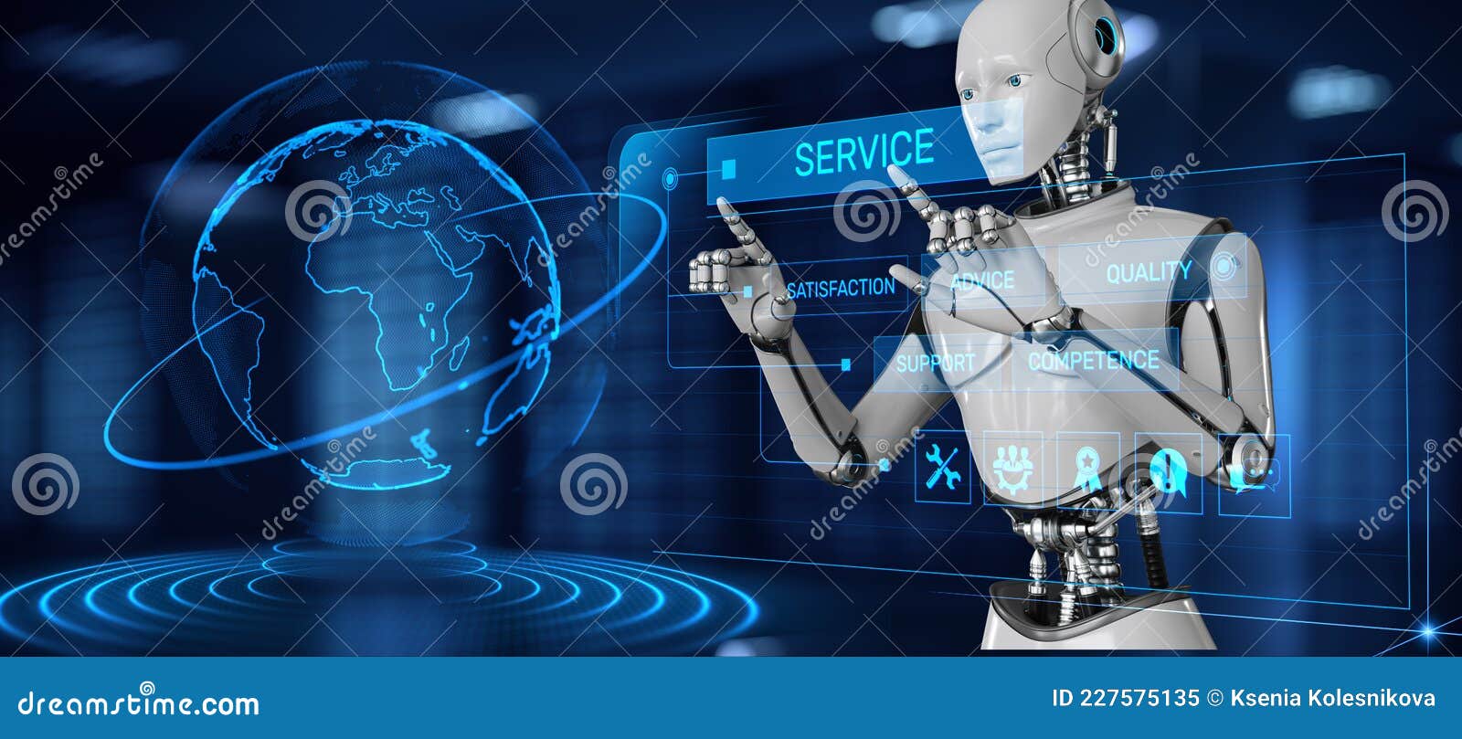 Service Automation Concept. Robot Pressing Button on Screen 3d Render Stock Illustration ...