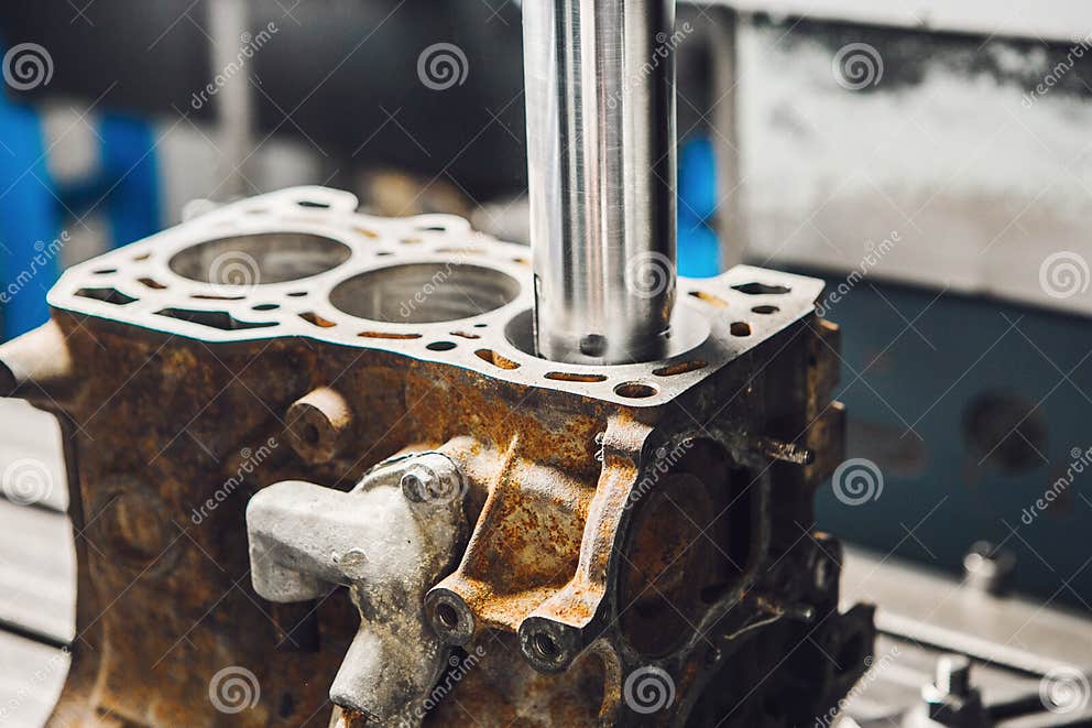 Service Boring Under the Piston after Engine Sleeve Using Machine with ...