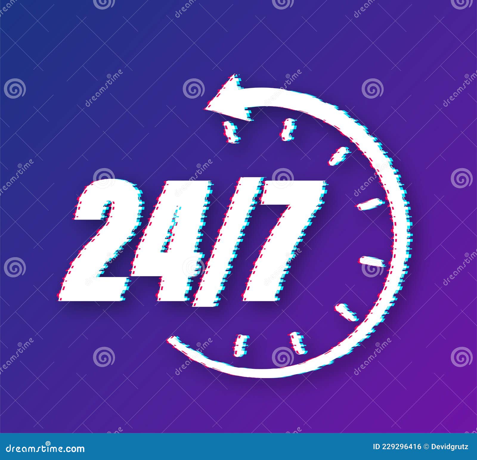 24-7 Service Concept. 24-7 Open. Support Service Glitch Icon. Vector ...