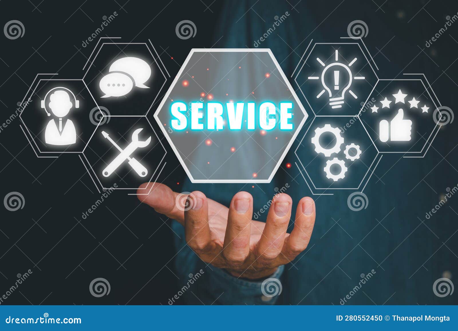 Person Hand Holding Service Icon on Virtual Screen Stock Photo - Image ...