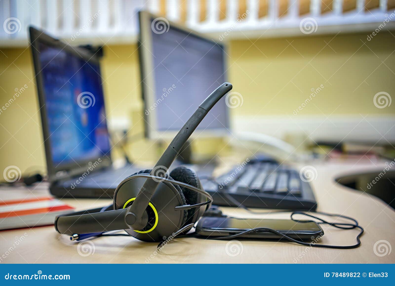 Headset Keyboard Notebook Laptop In Office On Table Desk Royalty-Free ...