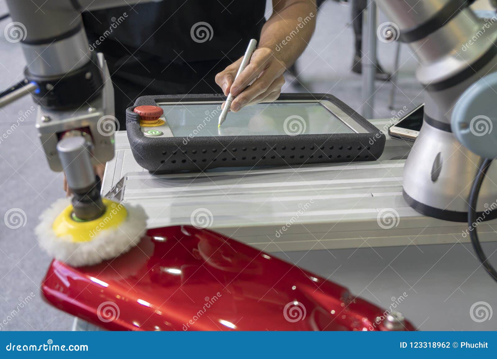 The Service Engineer Program the Robotic Arm Stock Photo - Image of ...