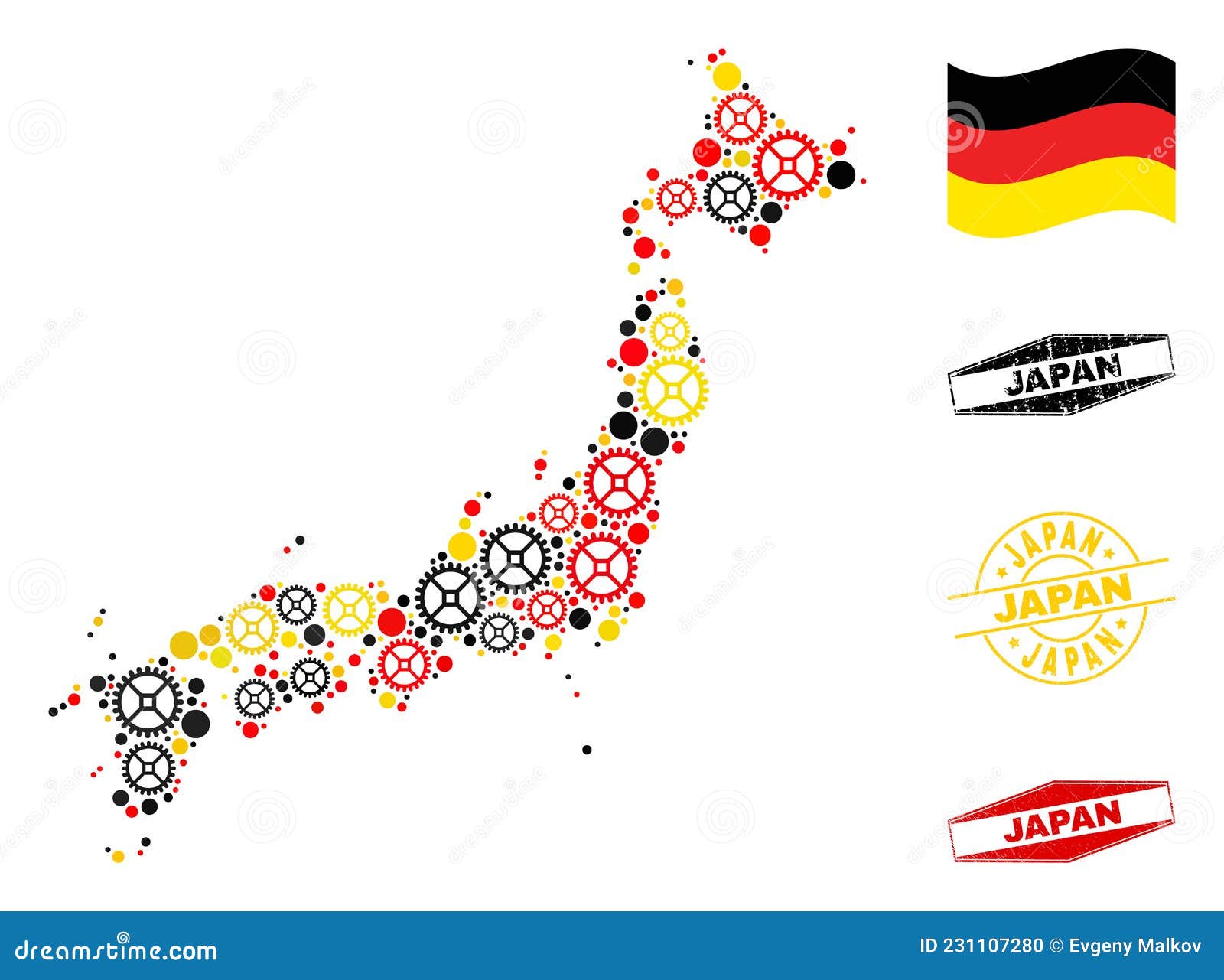 Service Mosaic Japan Map in German Flag Colors and Grunge Stamps Stock ...