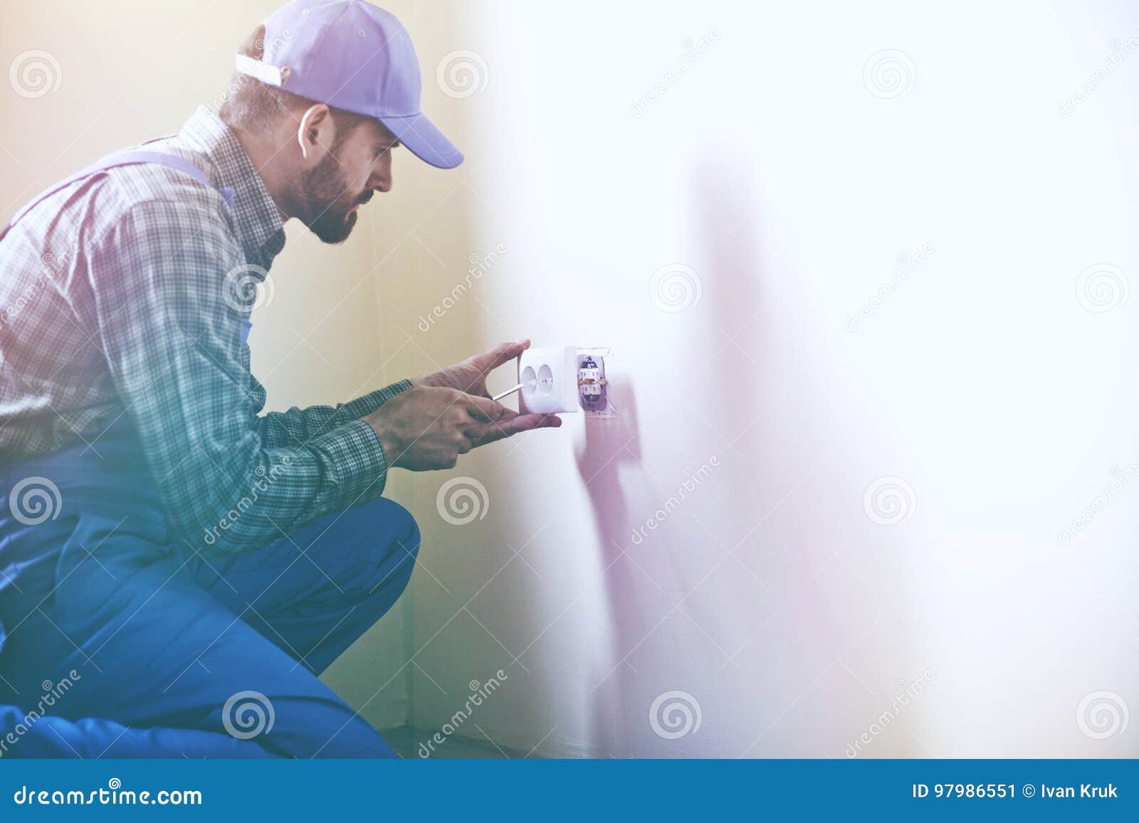 Service Man Installing Power Socket in Wall Stock Image - Image of ...
